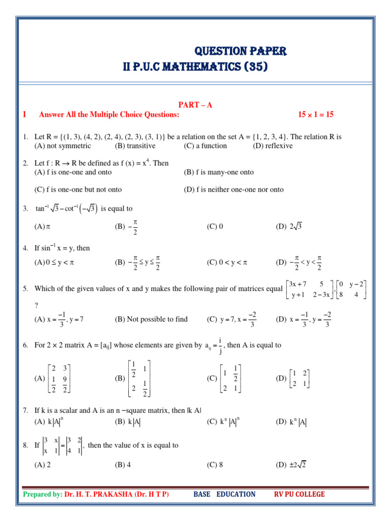 2nd PUC Mid Term Model Question Paper(South) | PDF