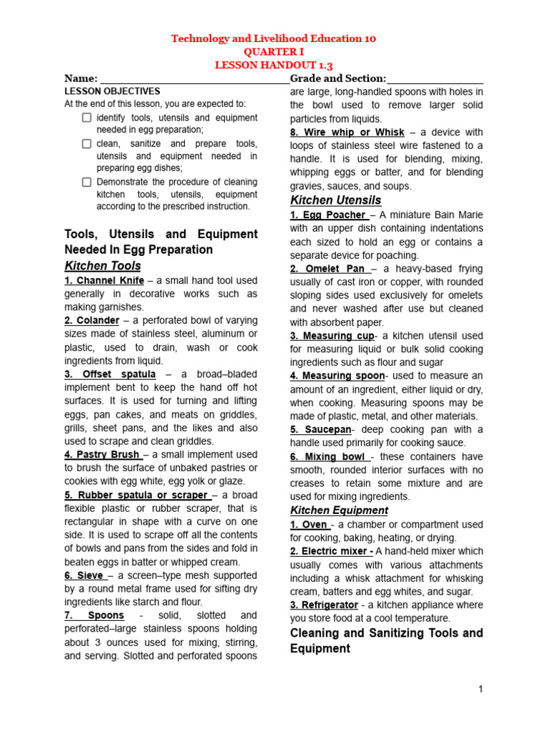 Tle 10 - Handout 1.3 | PDF | Dishwasher | Foods