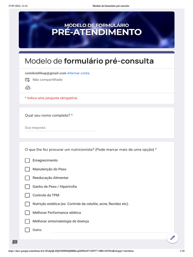 Modelo de Formulário Pré Consulta Nutricional | PDF