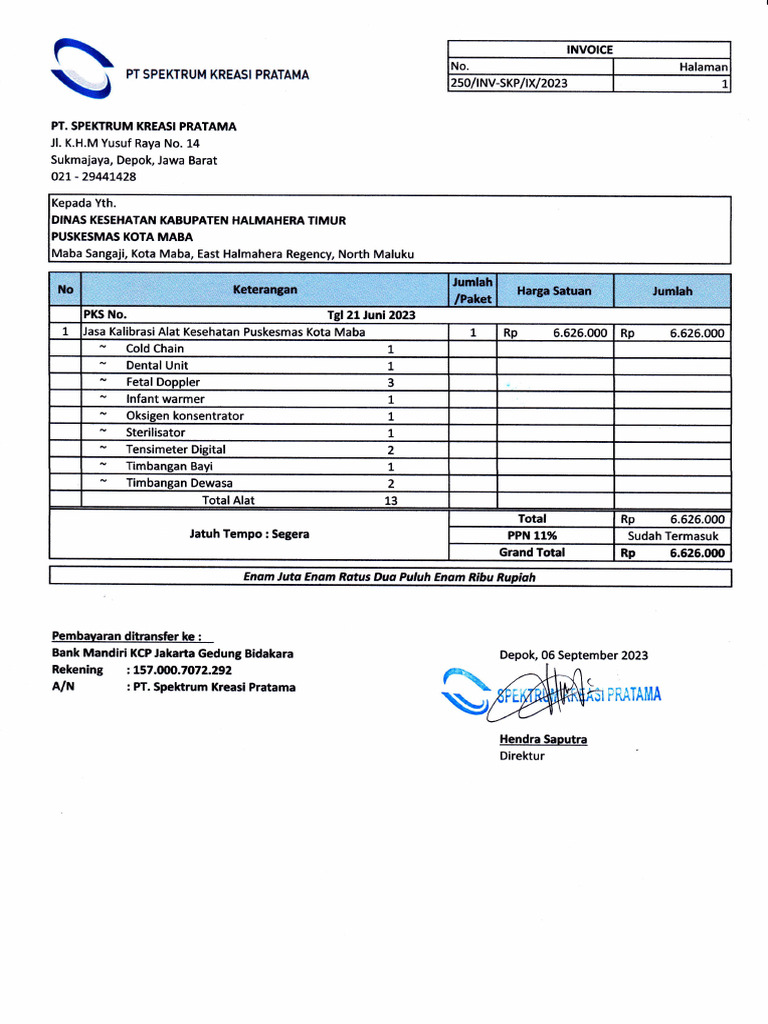 250 (09) Inv & KWT Klinik Dinkes Kab Halmahera Timur PKM Kota Maba - Kalibrasi | PDF