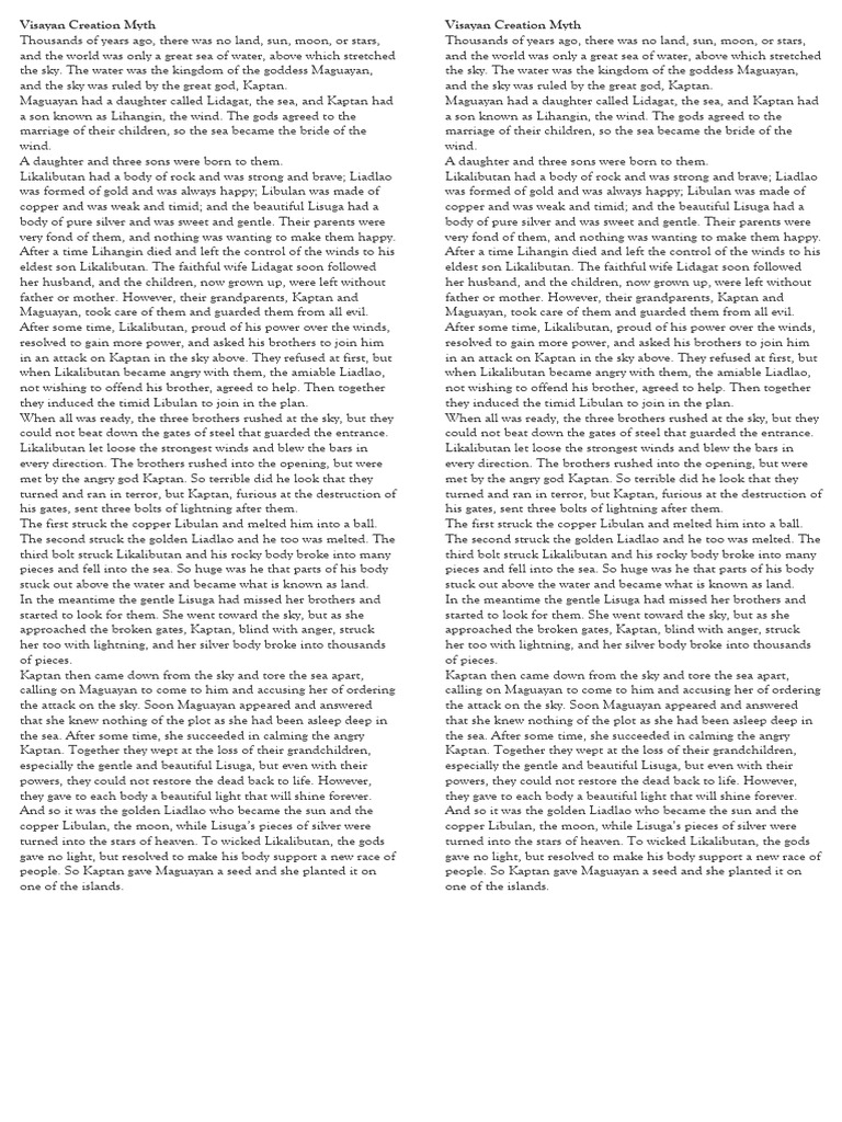 Visayan Origin Myth | PDF | Sky | Mythology