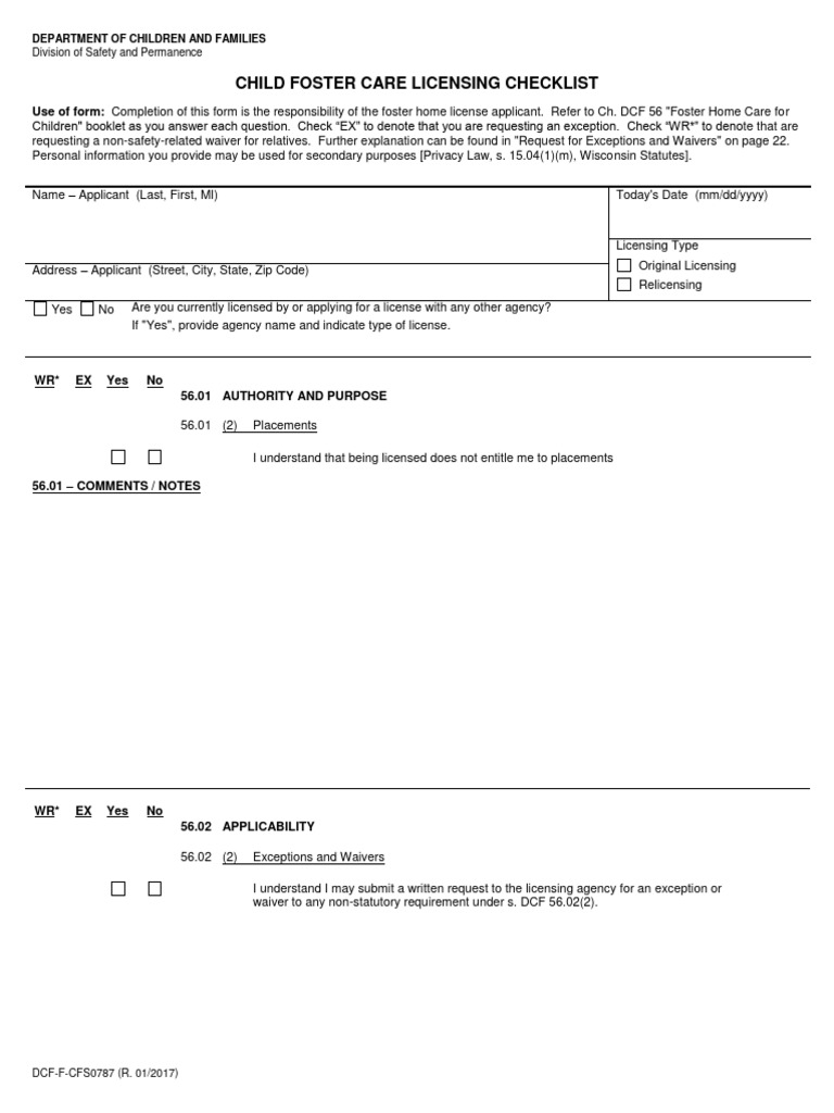 Child Foster Care Licensing Checklist Example | PDF