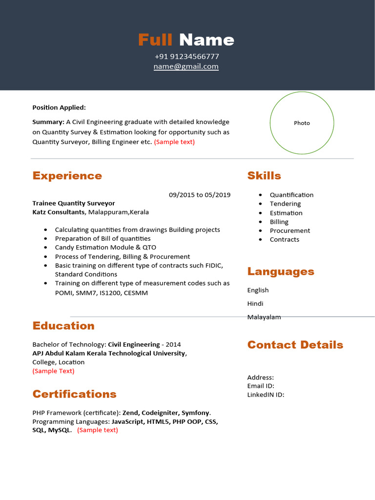 Civil Engineer Resume: Quantity Surveyor Skills | PDF | Career & Growth ...