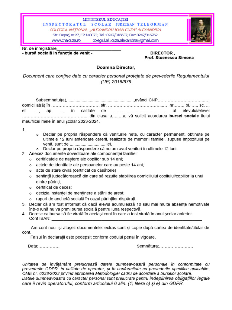 Cerere Bursa Socială Pe Baza Venitului1 | PDF