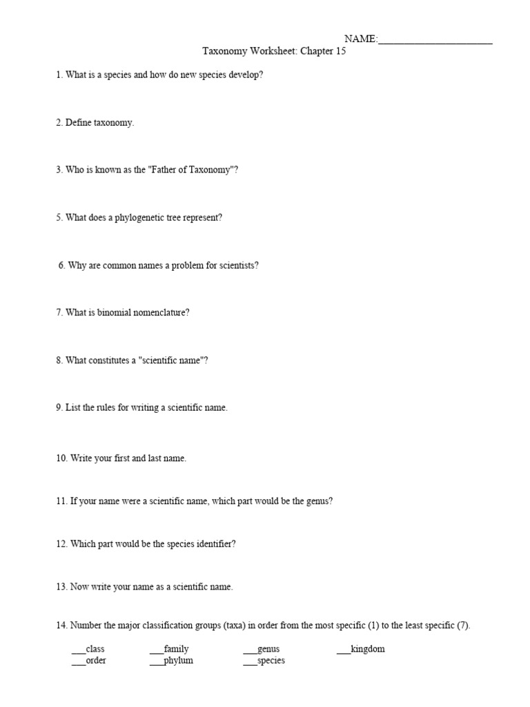 Taxonomy Worksheet Basic and good | PDF