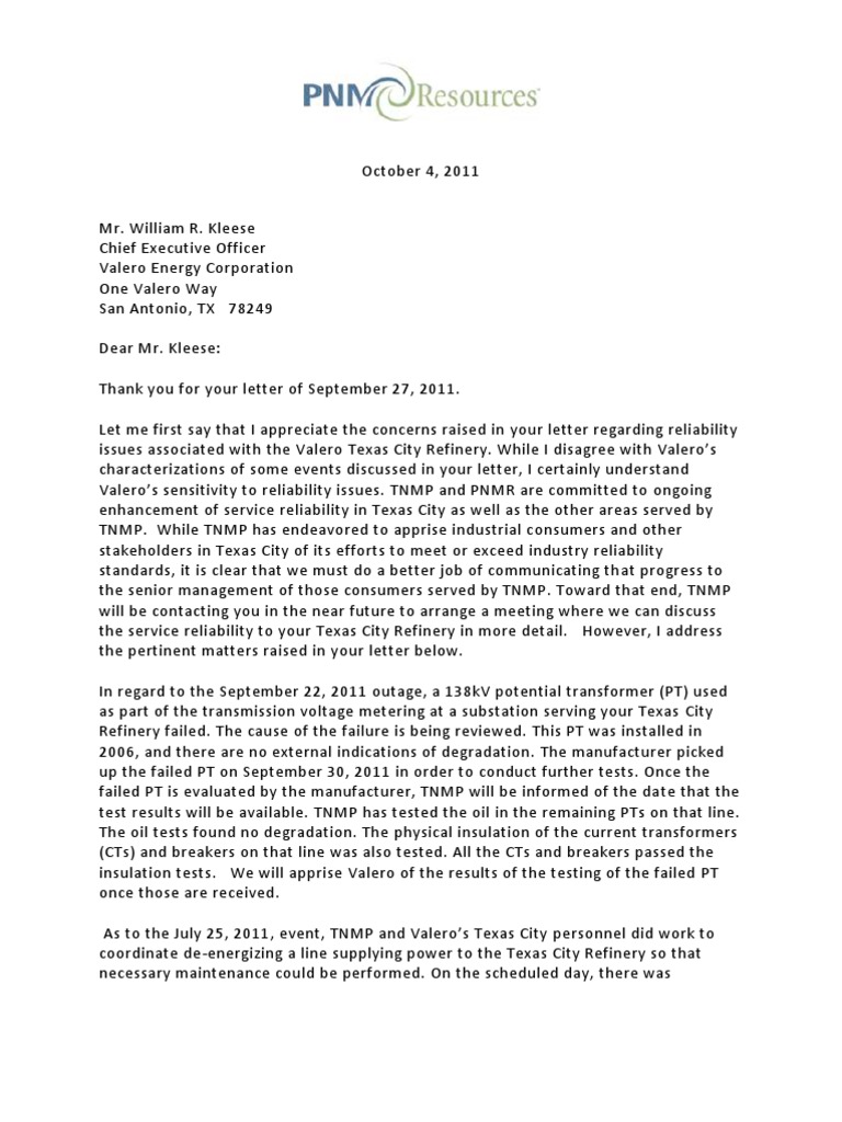 2011 Oct TNMP Response Letter To Valero | PDF | Reliability Engineering ...