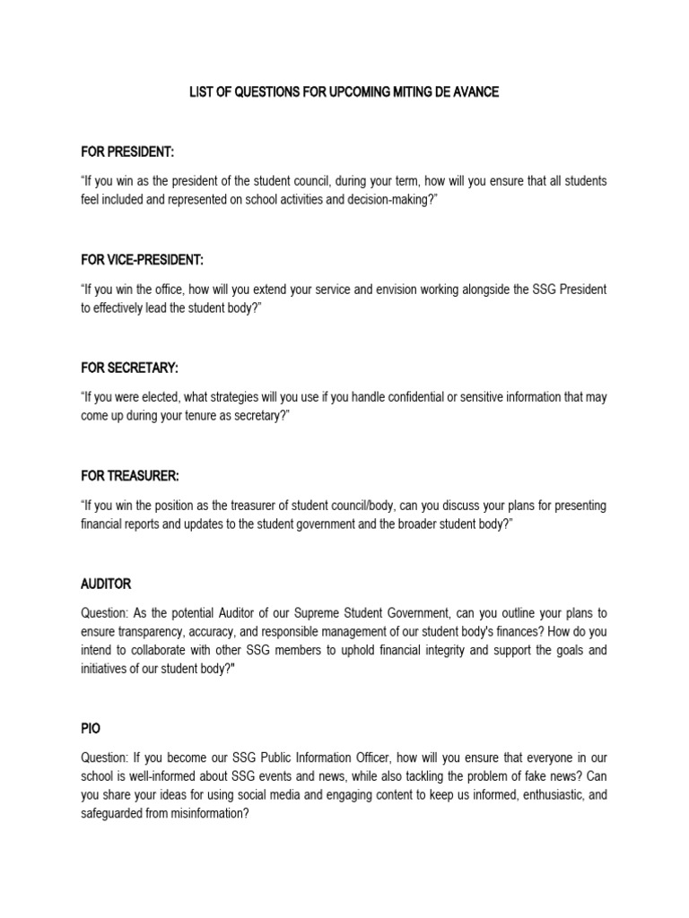 List of Questions For Upcoming Miting de Avance | PDF | Human Communication