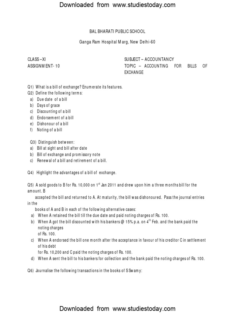CBSE Class 11 Accountancy Accounting For Bills of Exchange Worksheet ...