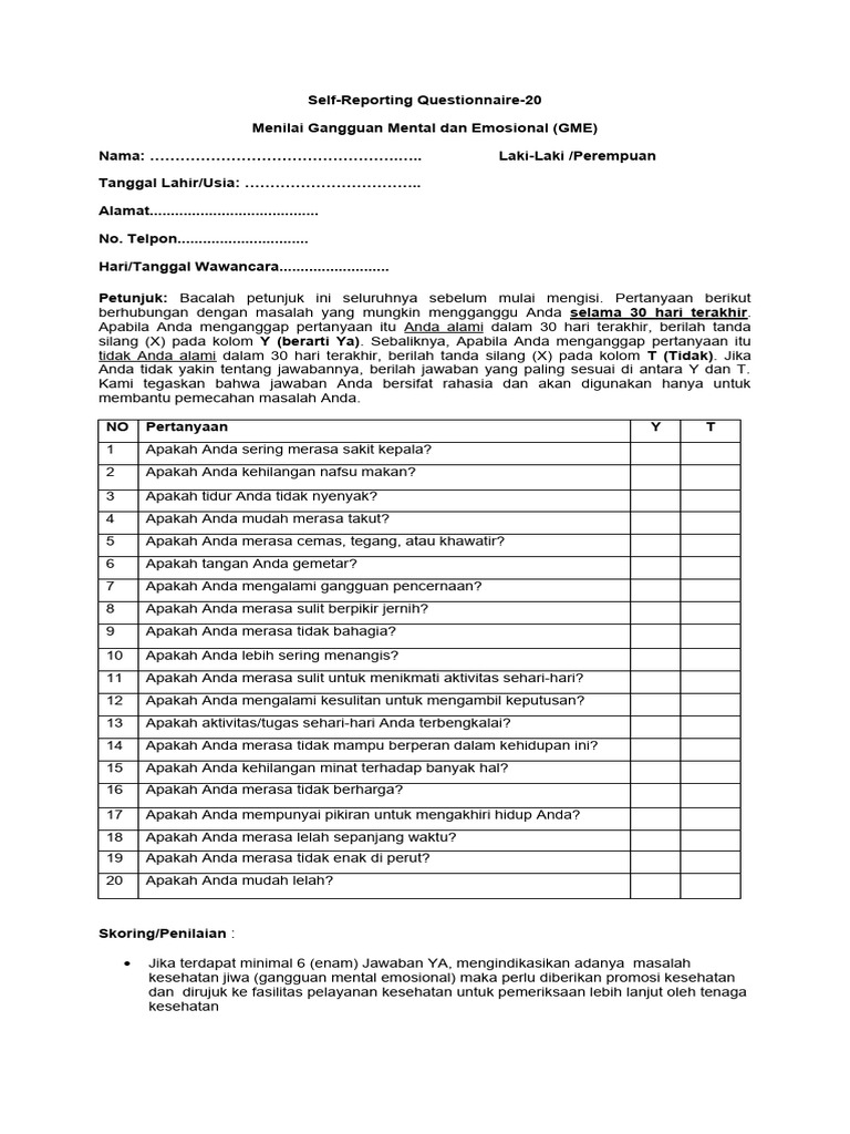 SRQ 20 Kuesioner Deteksi GME | PDF