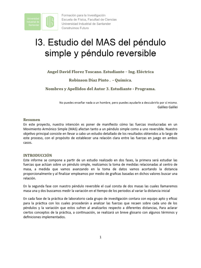 I3. Estudio Del MAS Del Péndulo Simple y Péndulo Reversible | PDF