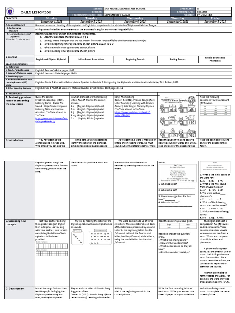 English 2 - DLL - Quarter 1 - Week 2 - Sept. 4-8, 2023 | PDF