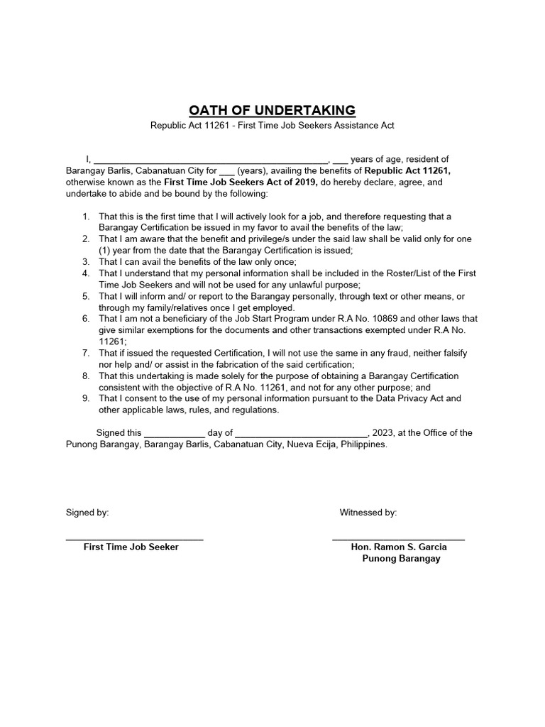 Oath of Undertaking Template | PDF