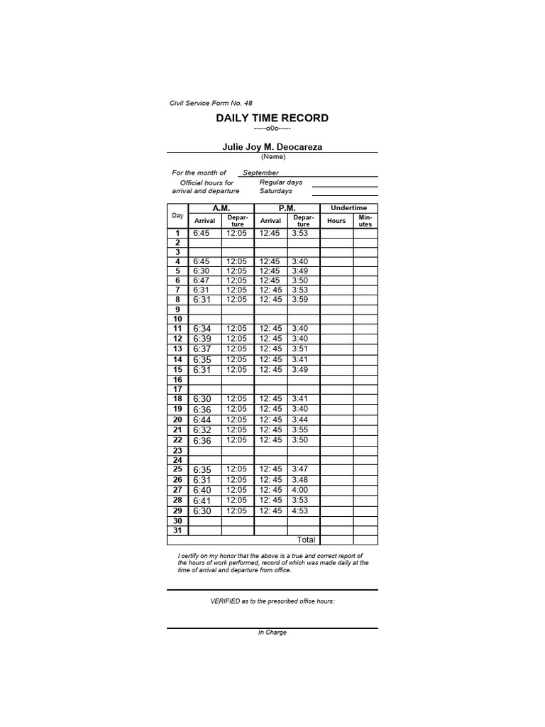 Daily Time Record: Julie Joy M. Deocareza | PDF