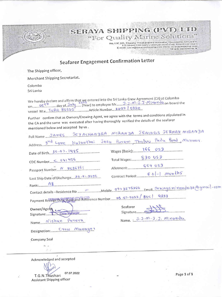 Seafarer Engagement Confirmation Letter | PDF