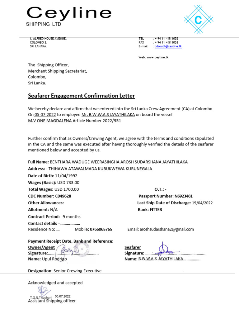Ceyline: Seafarer Engagement Confirmation Letter | PDF