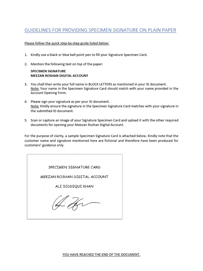 Specimen Signature Guidelines for Meezan | PDF