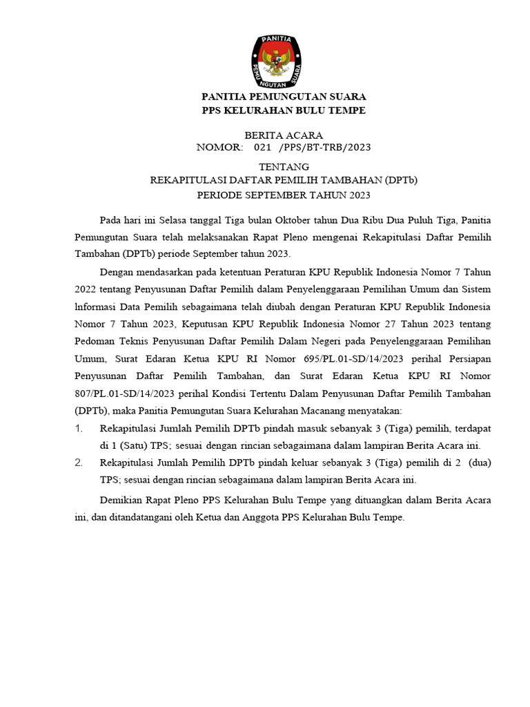 BA PANITIA PEMUNGUTAN SUARA BULU TEMPE (REKAP DPTB BULAN 9 TAHUN 2023) | PDF