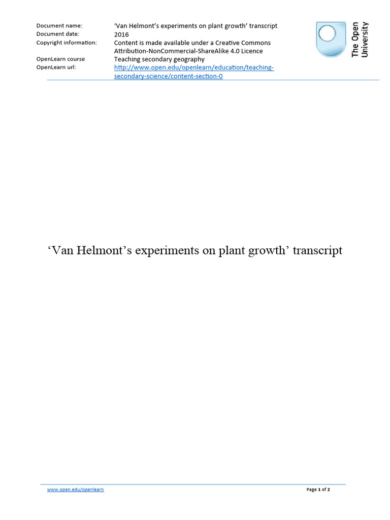 Van Helmonts Experiments On Plant Growth Transcript | Download Free PDF ...