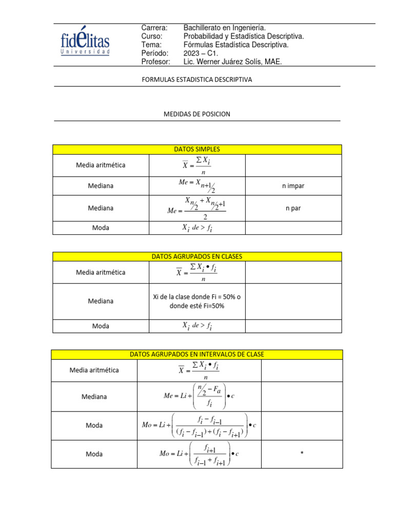 FÃ Rmulas EstadÃ Stica Descriptiva | PDF