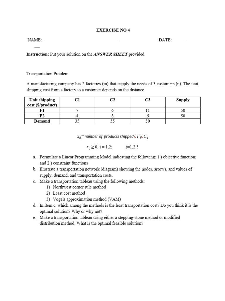EXERCISE-NO-4-Transportation-Problem | PDF