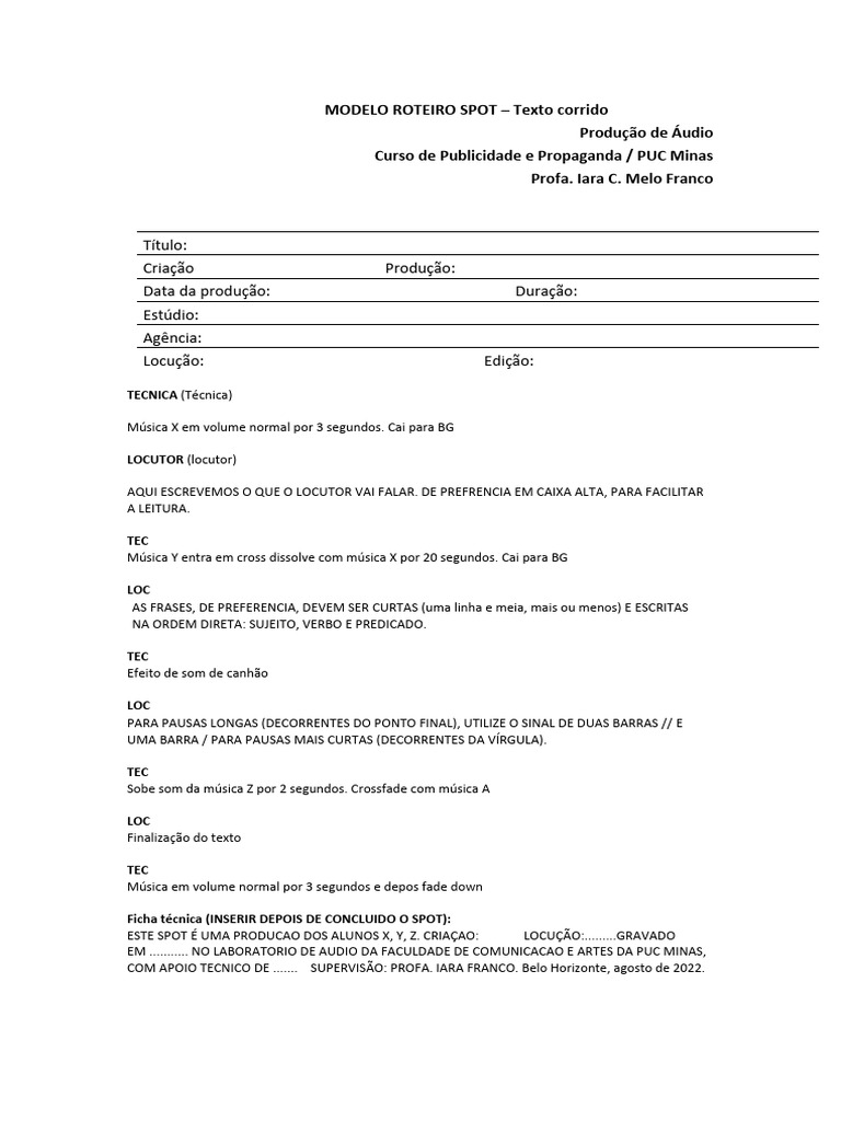 Modelo de Roteiro Spot - Texto Corrido | PDF