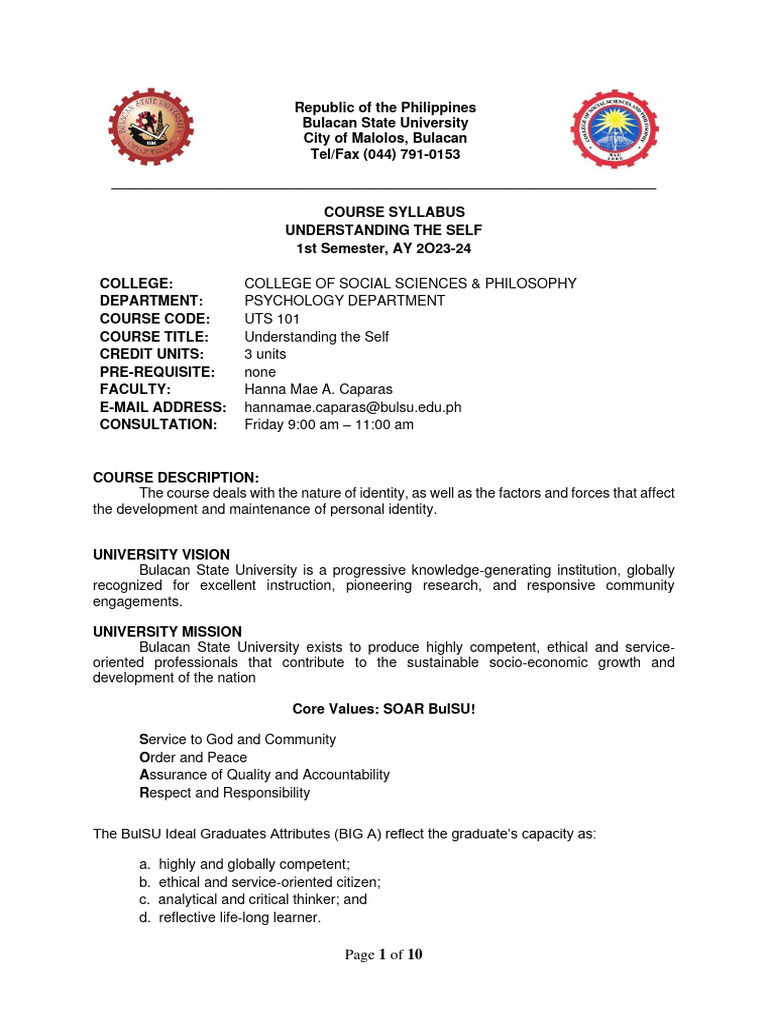 UTS 101: Understanding the Self Syllabus | PDF | Career & Growth