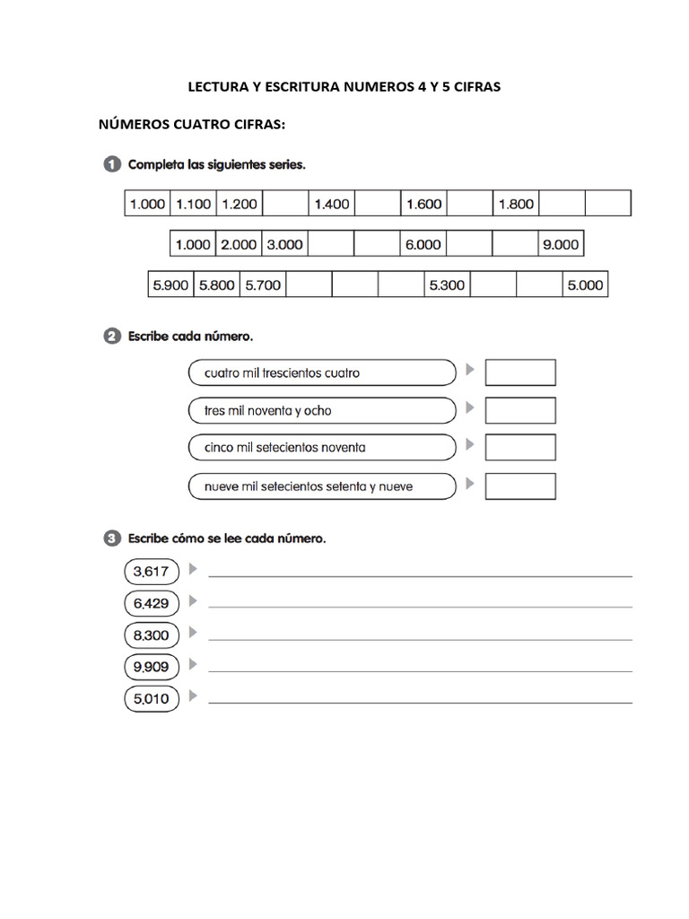 Ficha 1. Lectura y Escritura Numeros 4 y 5 Cifras | PDF
