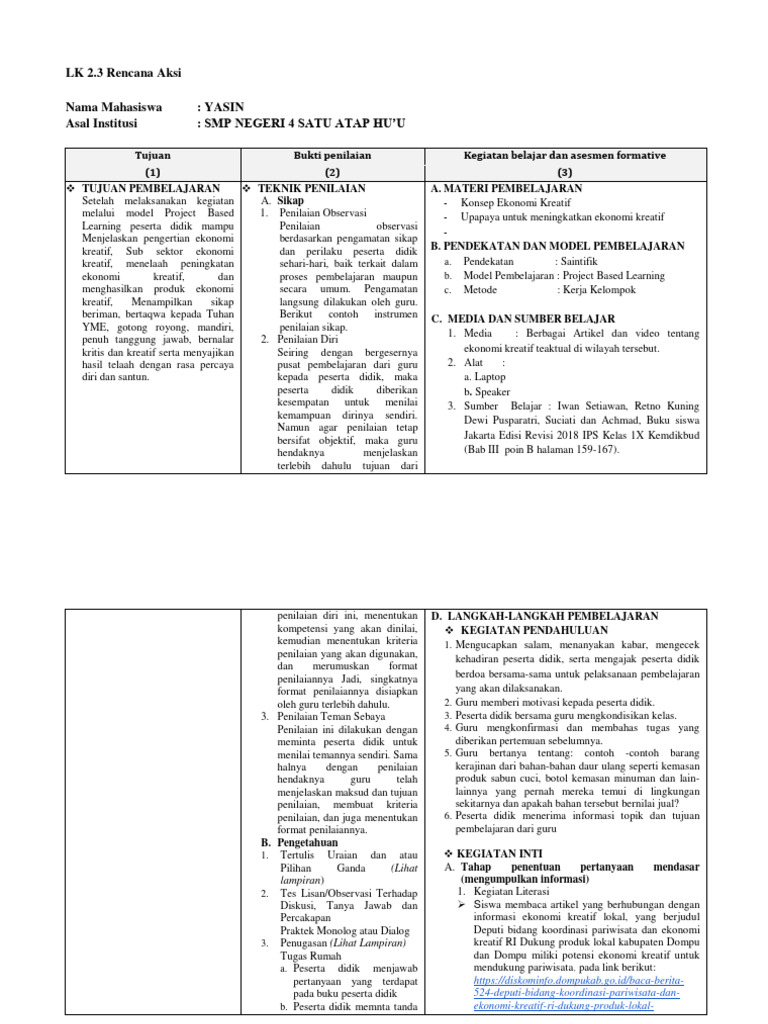 LK 2.3 Rencana Aksi - YASIN (Ekonomi-01 B) | PDF