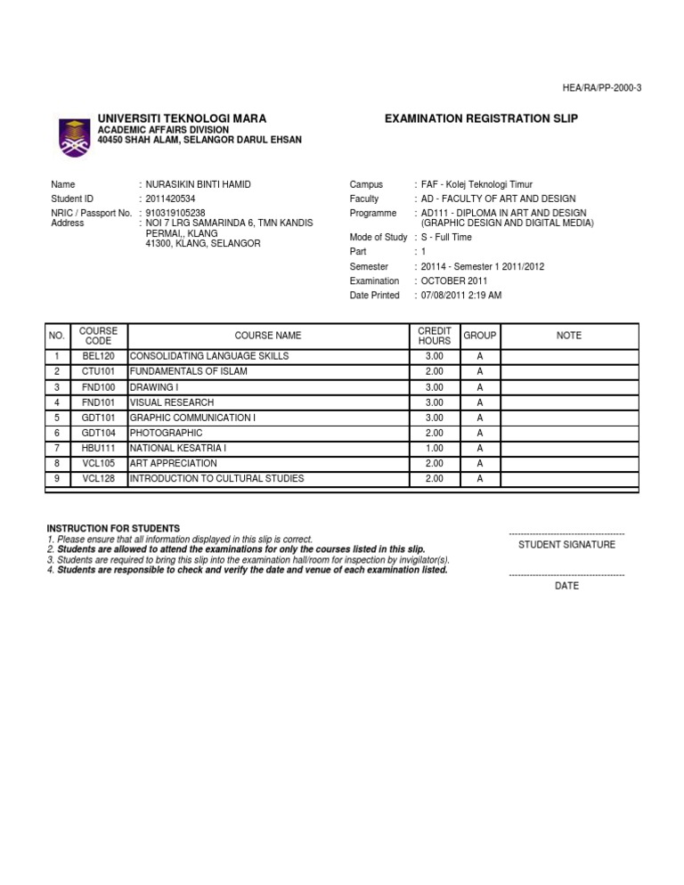 Exam Slip Uitm | PDF