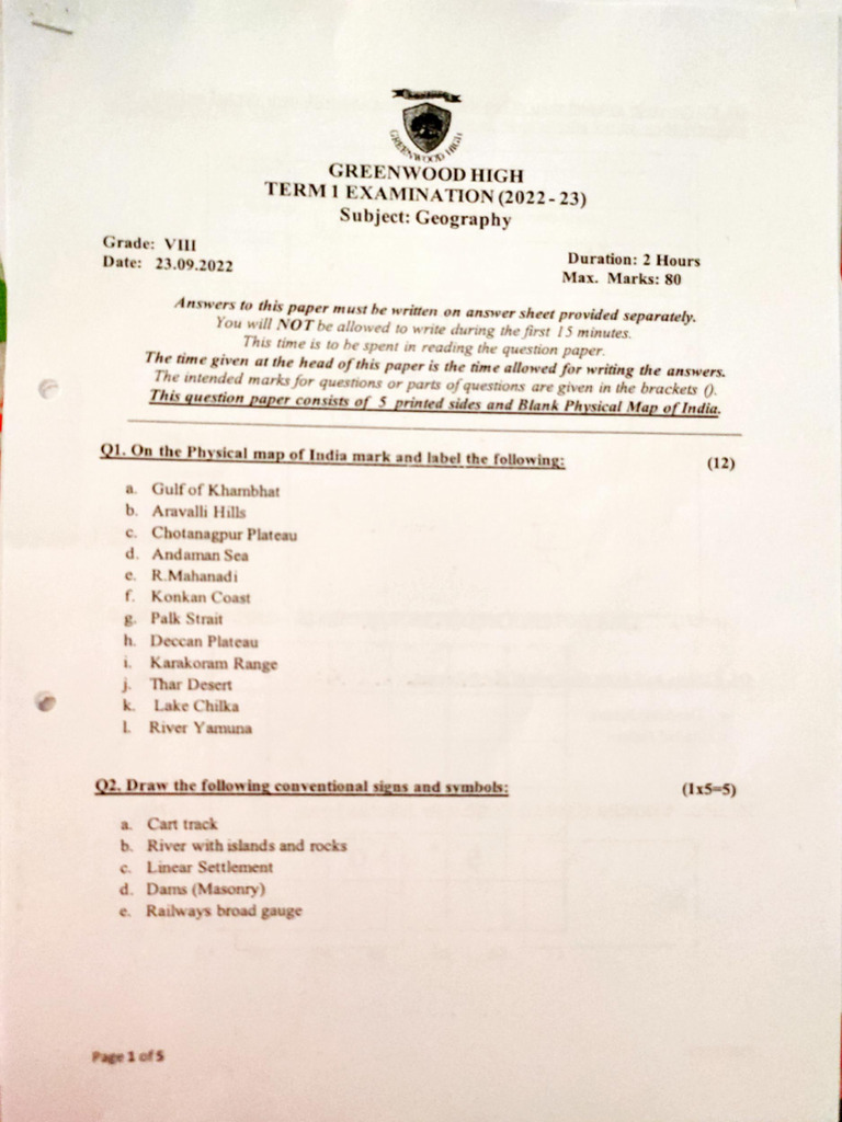 Grade 8 2022-23 Term 1 Examination - Geography | PDF