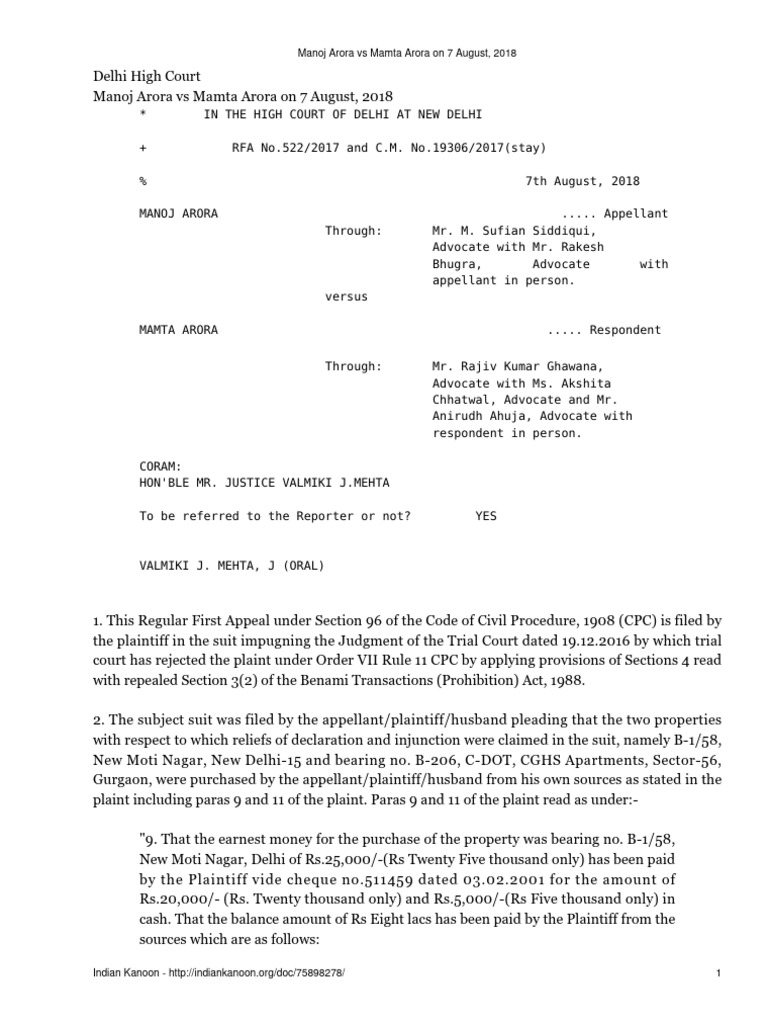 Manoj Arora vs. Mamta Arora | PDF