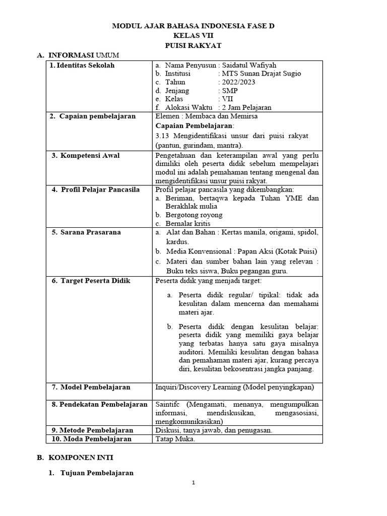 Modul Ajar Puisi Rakyat (Aksi) | PDF