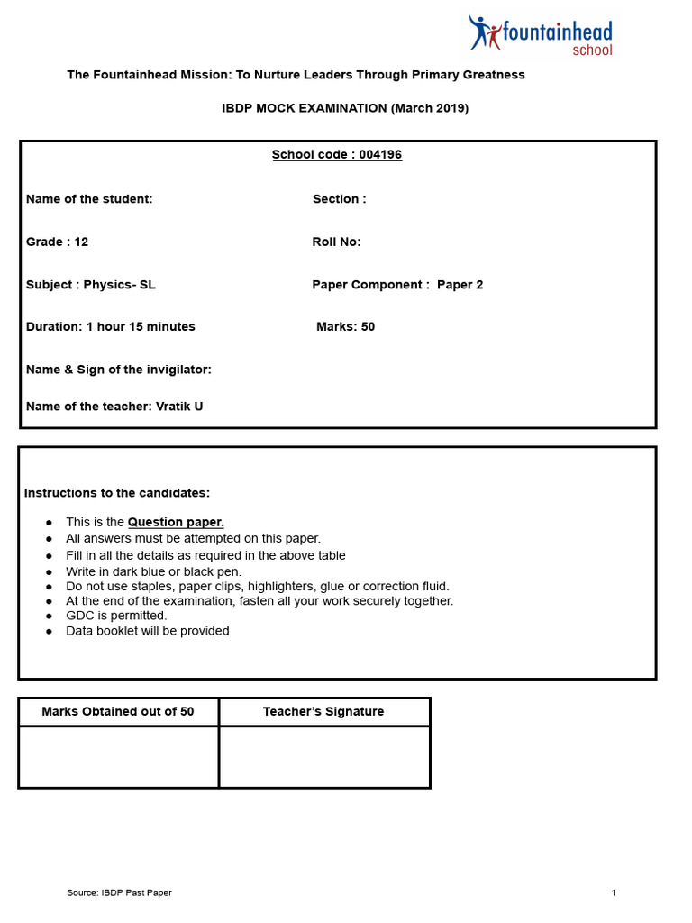 IBDP Physics Mock Exam March 2019 | PDF | Science & Mathematics