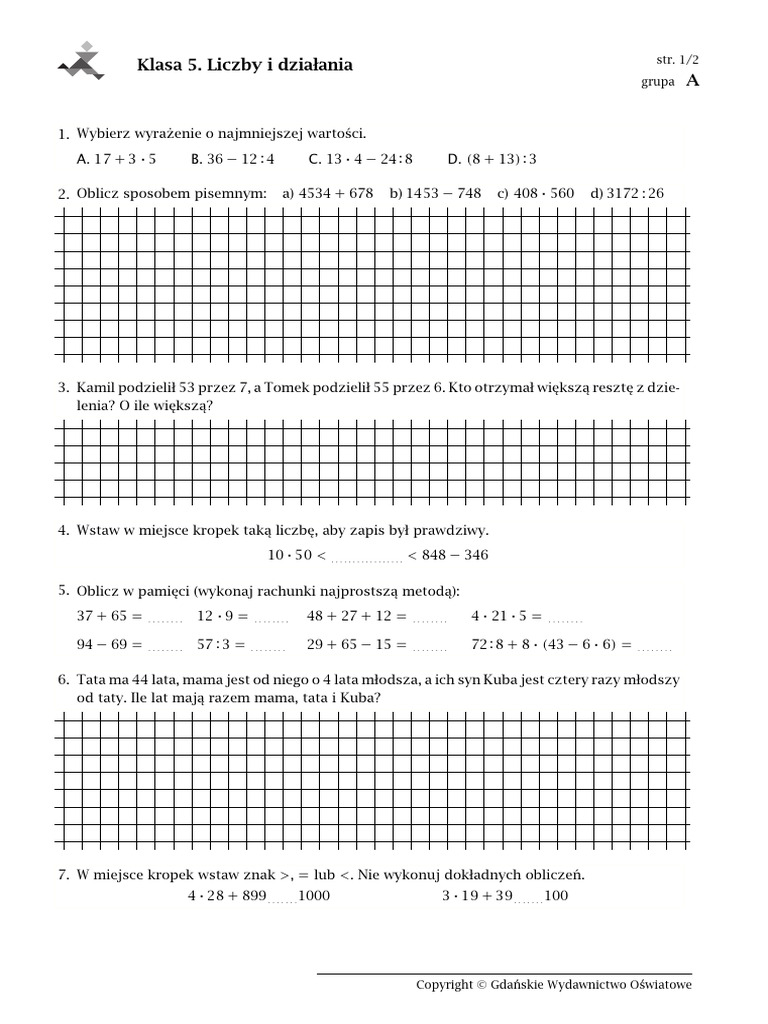 Kl5 Klas wka G wna Liczby I Dzia ania PDF