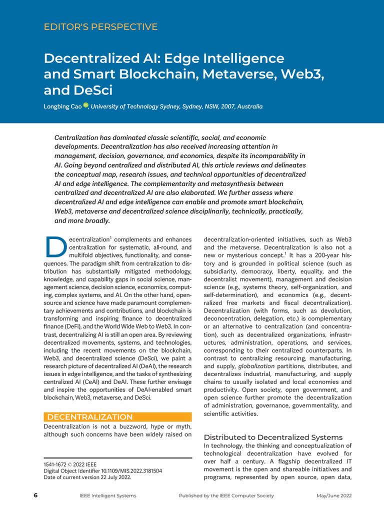 Decentralized AI Edge Intelligence and Smart Blockchain Metaverse Web3 and DeSci | PDF