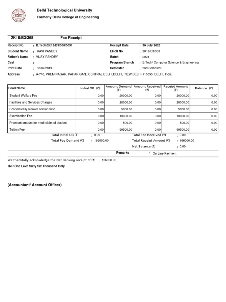 DTU Fee Receipt for B.Tech Student | PDF