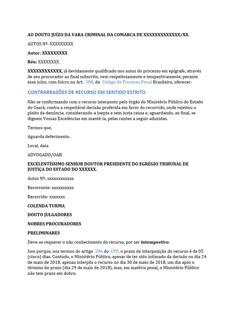 Modelo de Peca Contrarrazoes de Recurso em Sentido Estrito | PDF Modelo de Peca Contrarrazoes de Recurso em Sentido Estrito | PDF