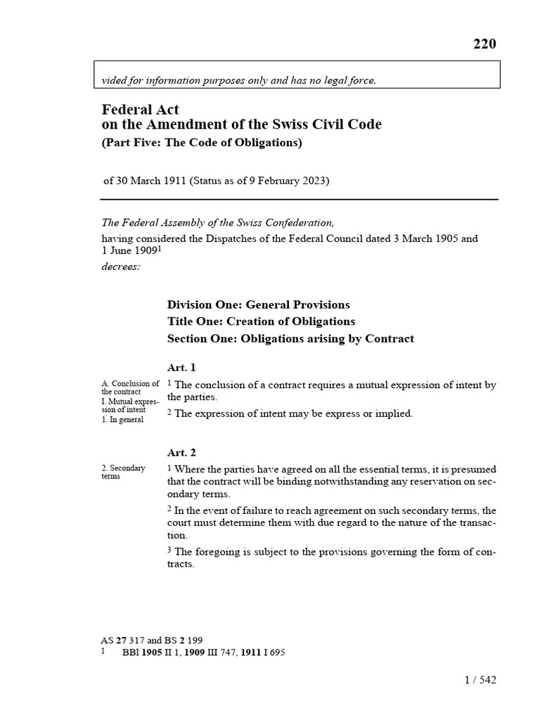 Swiss Code of Obligations | PDF | Legal Liability | Law Of Agency