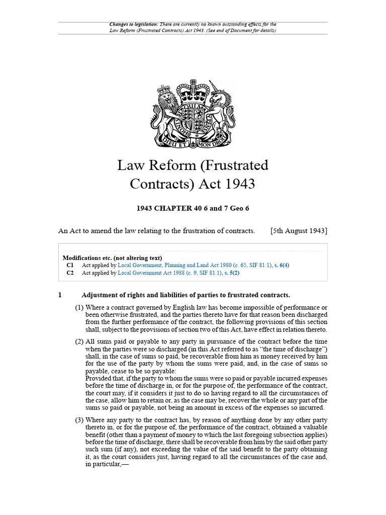 Law Reform Act (Frustrated Contracts) 1943 | PDF | Business Law | Civil ...