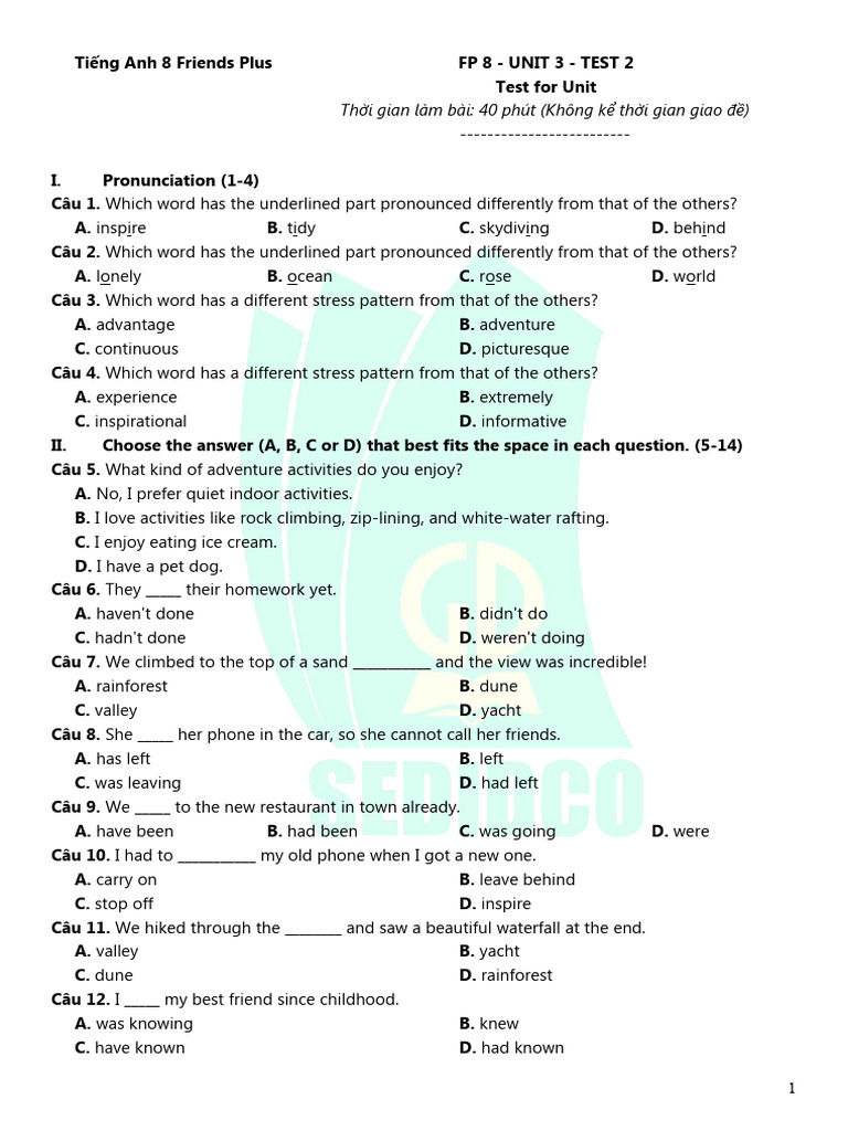 Anh 8 Friend Plus Bài ôn Tập Học Kì I Unit 3 Test 2 Pdf