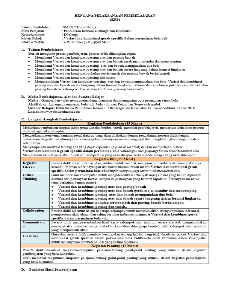 RPP 1 Lembar Pjok Kelas 9 - Bola Voli | PDF