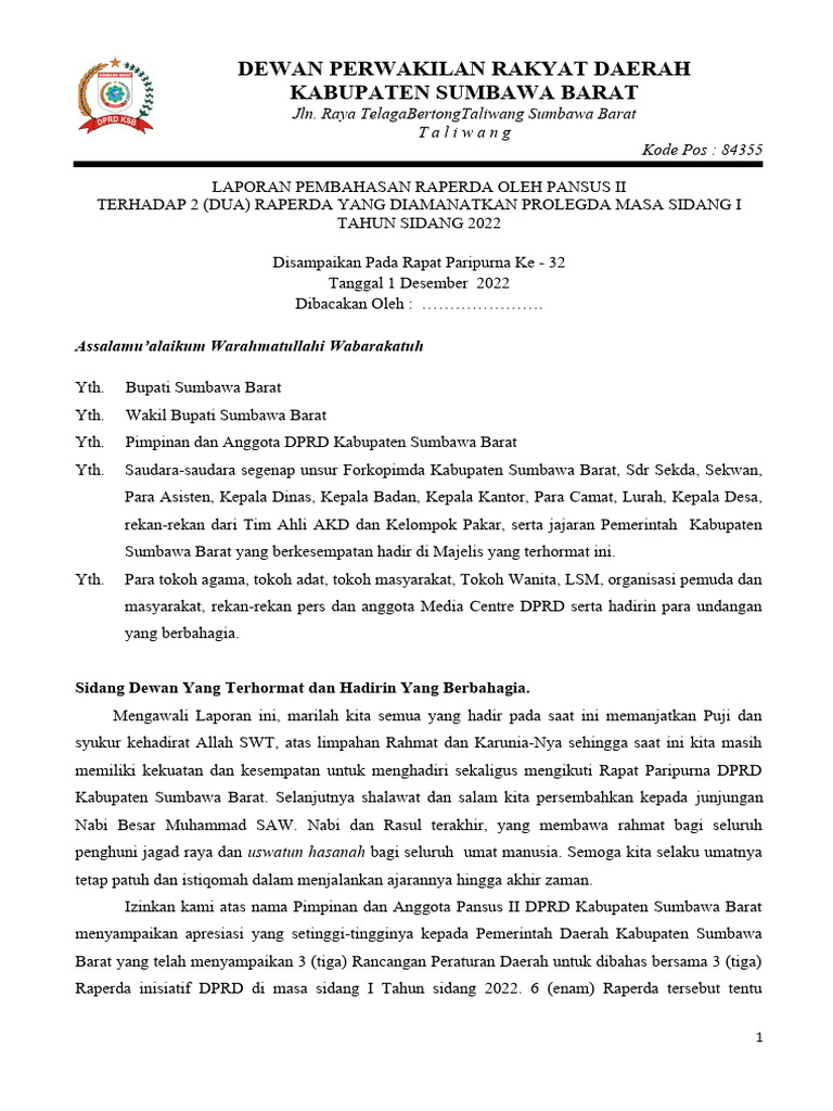 Laporan Pembahasan Raperda Sumbawa Barat | PDF | Politik | Hukum