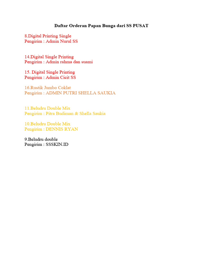 Daftar Orderan Papan Bunga Dari SS PUSAT | PDF