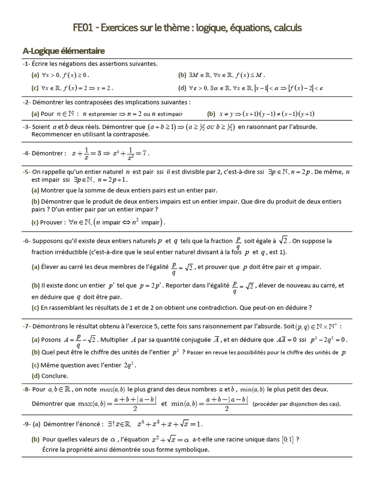 FE01-Logique équations calculs | PDF