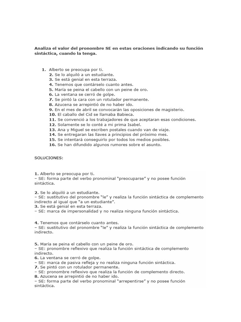 Ejercicios Sobre El Pronombre Se | PDF | Pronombre | Unidades Semánticas
