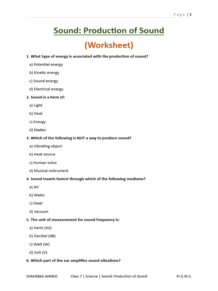 Sound Production Science Worksheet | PDF