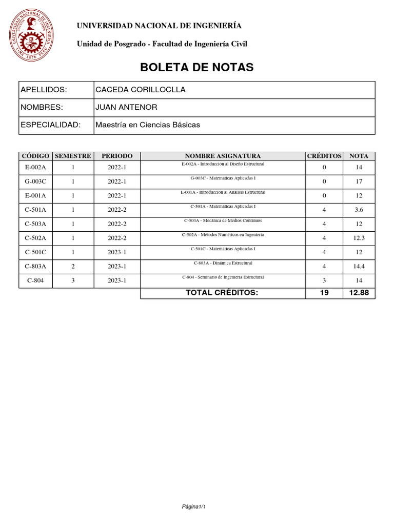 Boleta de Nota JUAN ANTENOR CACEDA CORILLOCLLA-1 | PDF
