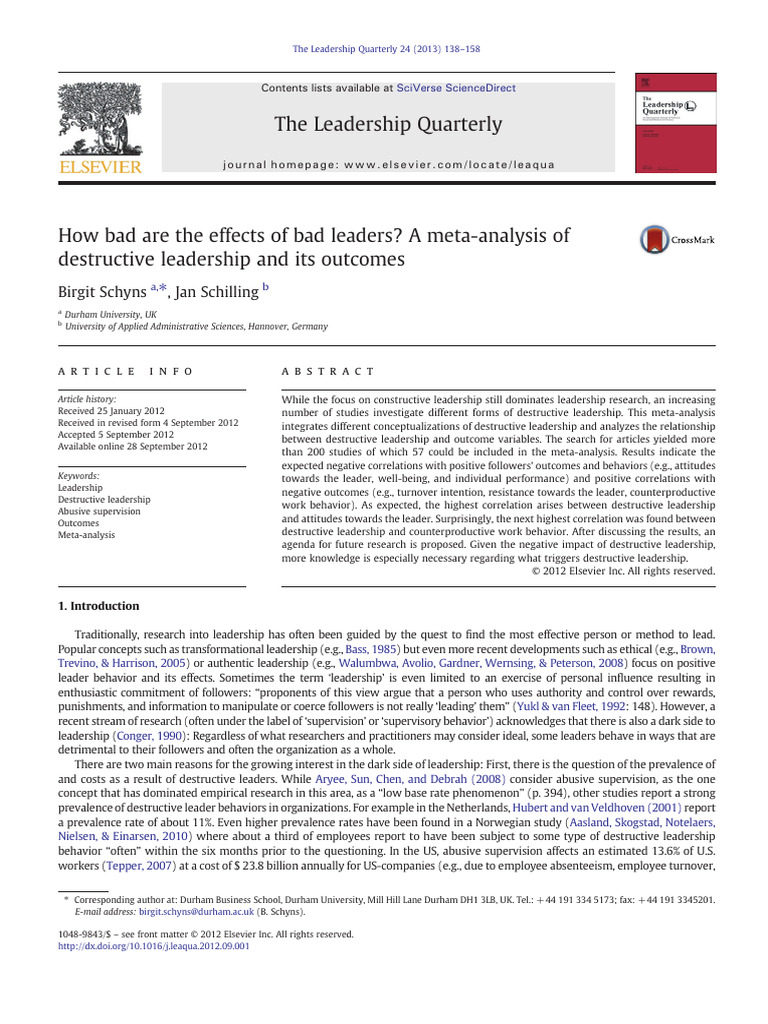 How Bad Are The Effects of Bad Leaders A Meta-Analysis of Destructive ...