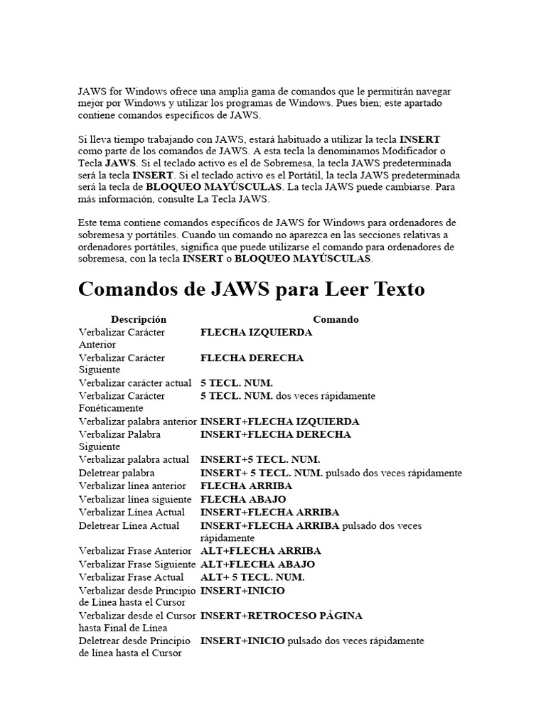 Comandos de Teclado de Jaws | PDF