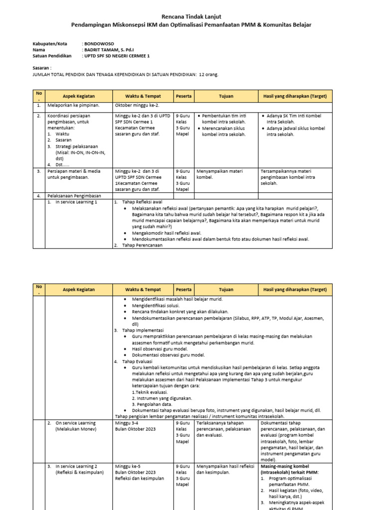 RTL - Pendampingan PMM & Kombel - UPTD SPF SDN Cermee 1 | PDF